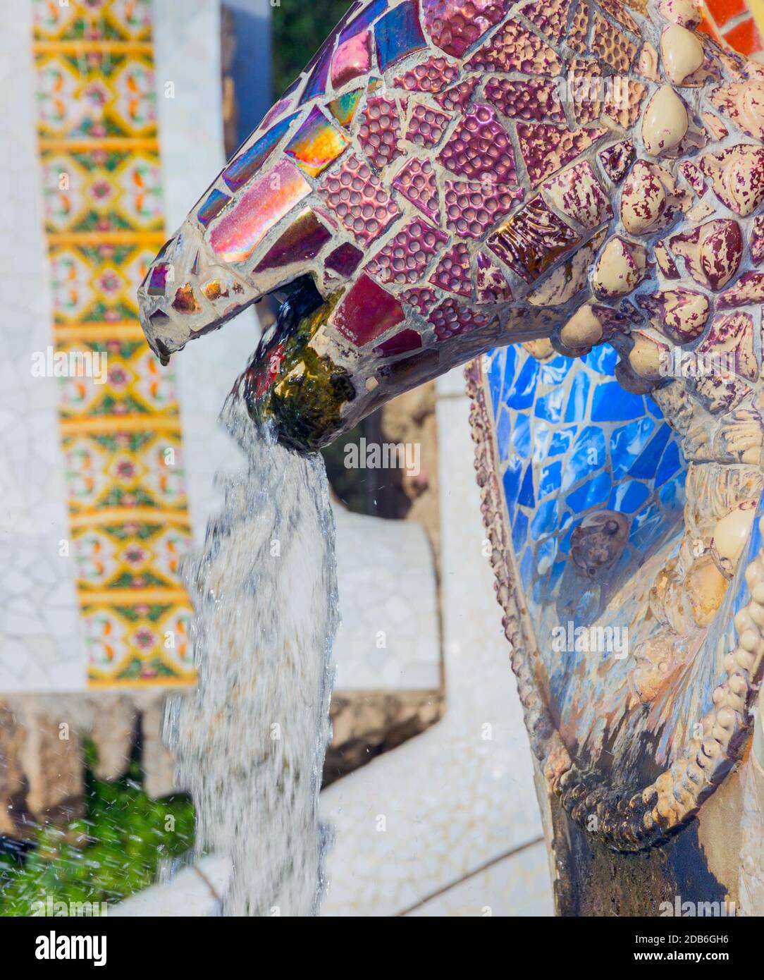 snake fountain at the Parc Guell Barcelona Spain by famous architecture ...