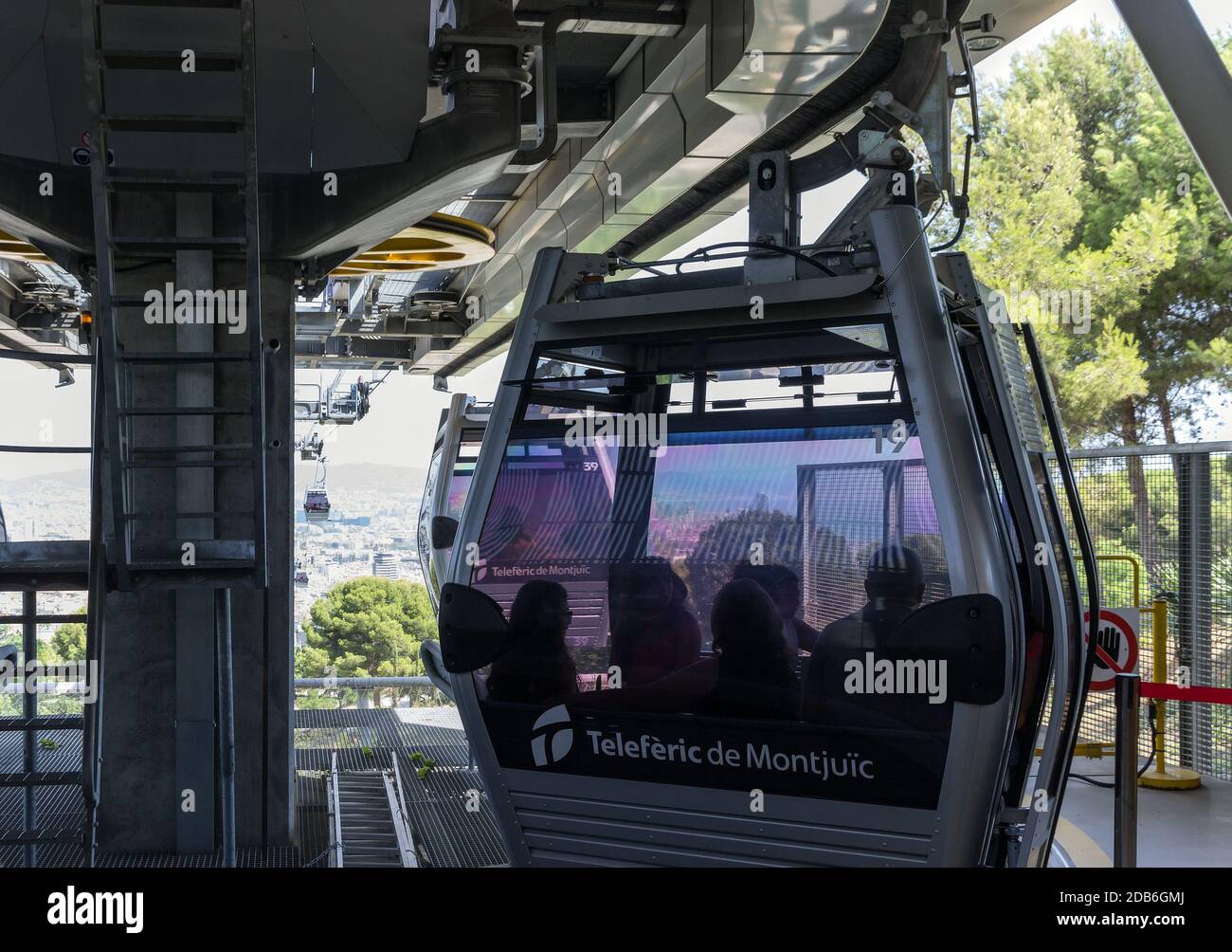 Barcelona cable cars Montjuic mountain. Barcelona ropeways city aerial ...