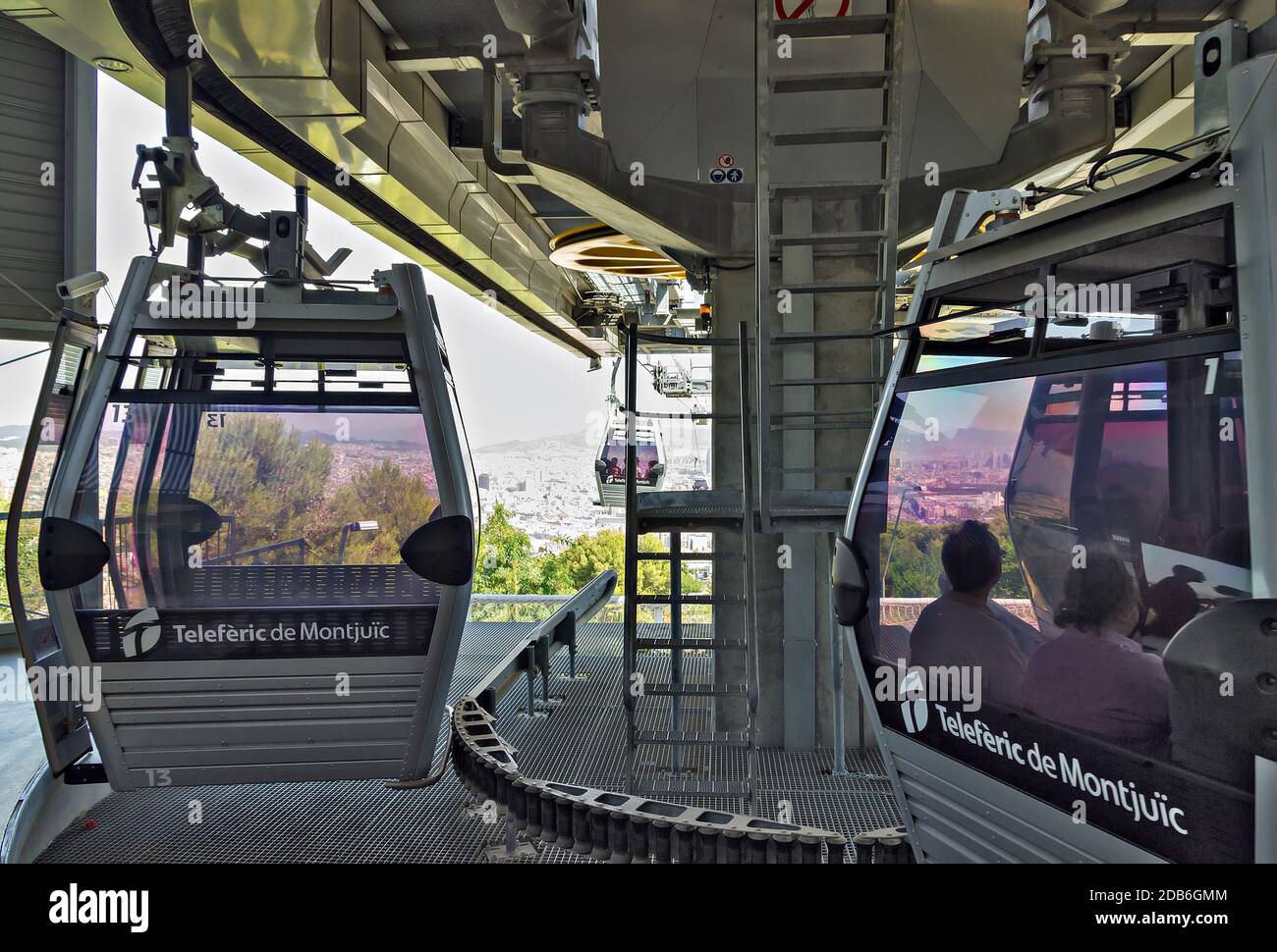 Barcelona cable cars Montjuic mountain. Barcelona ropeways city aerial ...