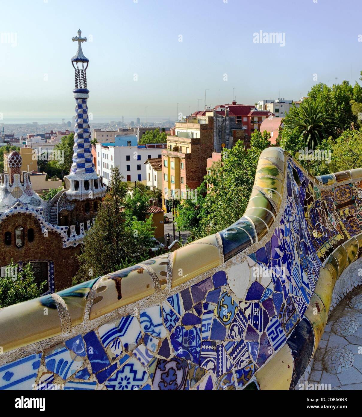 bench covered with tile-shard mosaic, Barcelona Spain by famous ...