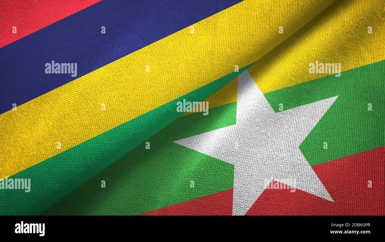 Mauritius and Myanmar two flags textile cloth, fabric texture Stock ...