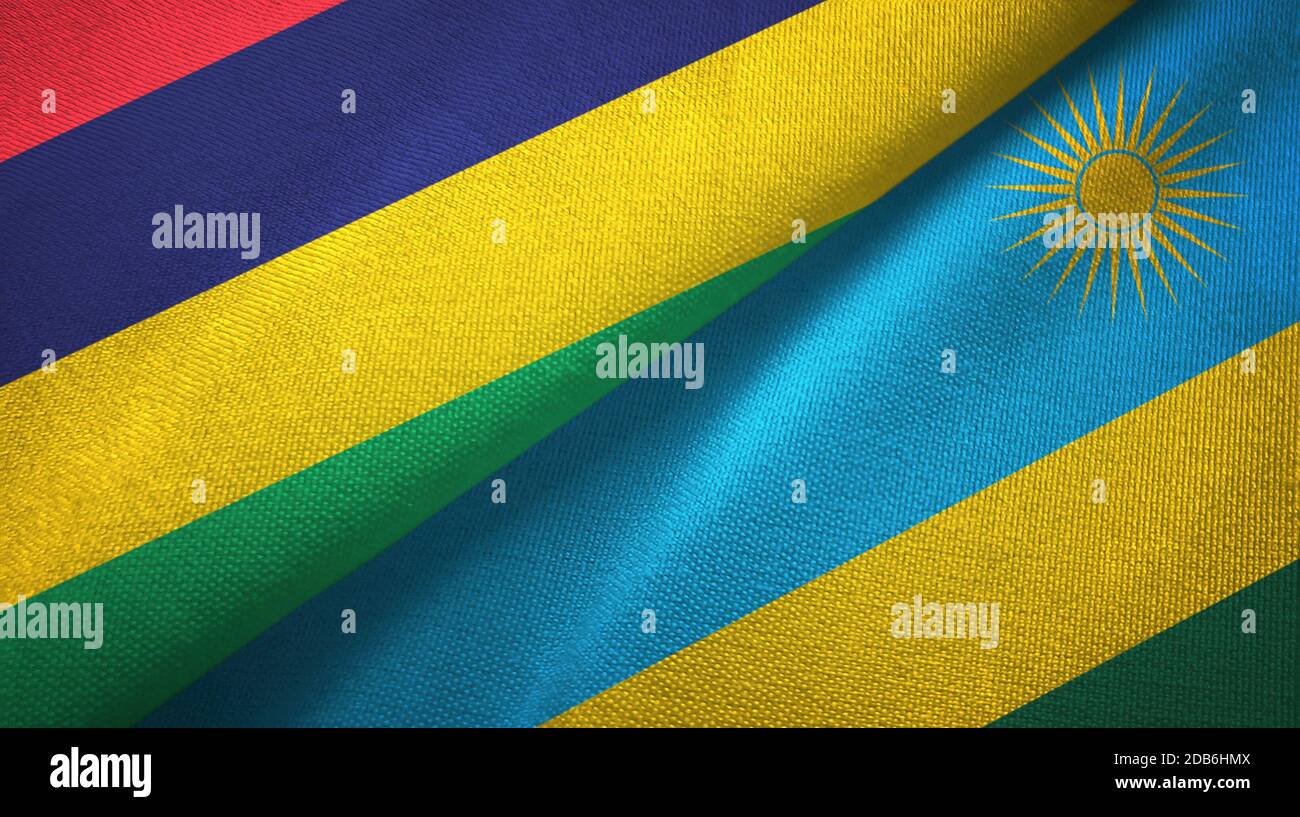 Mauritius and Rwanda two flags textile cloth, fabric texture Stock ...