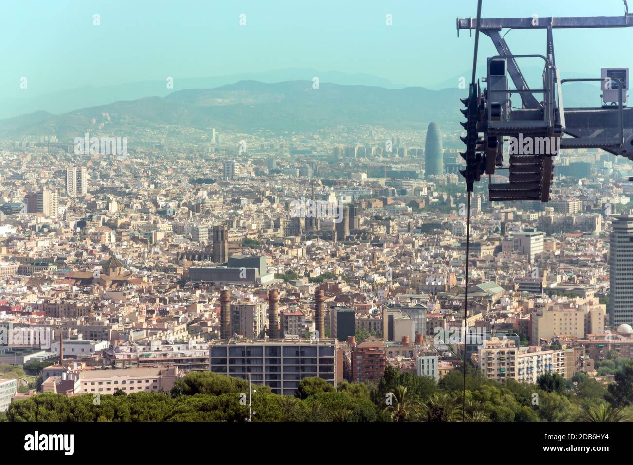 funicular against Barcelona city aerial view from Montjuic cable car ...
