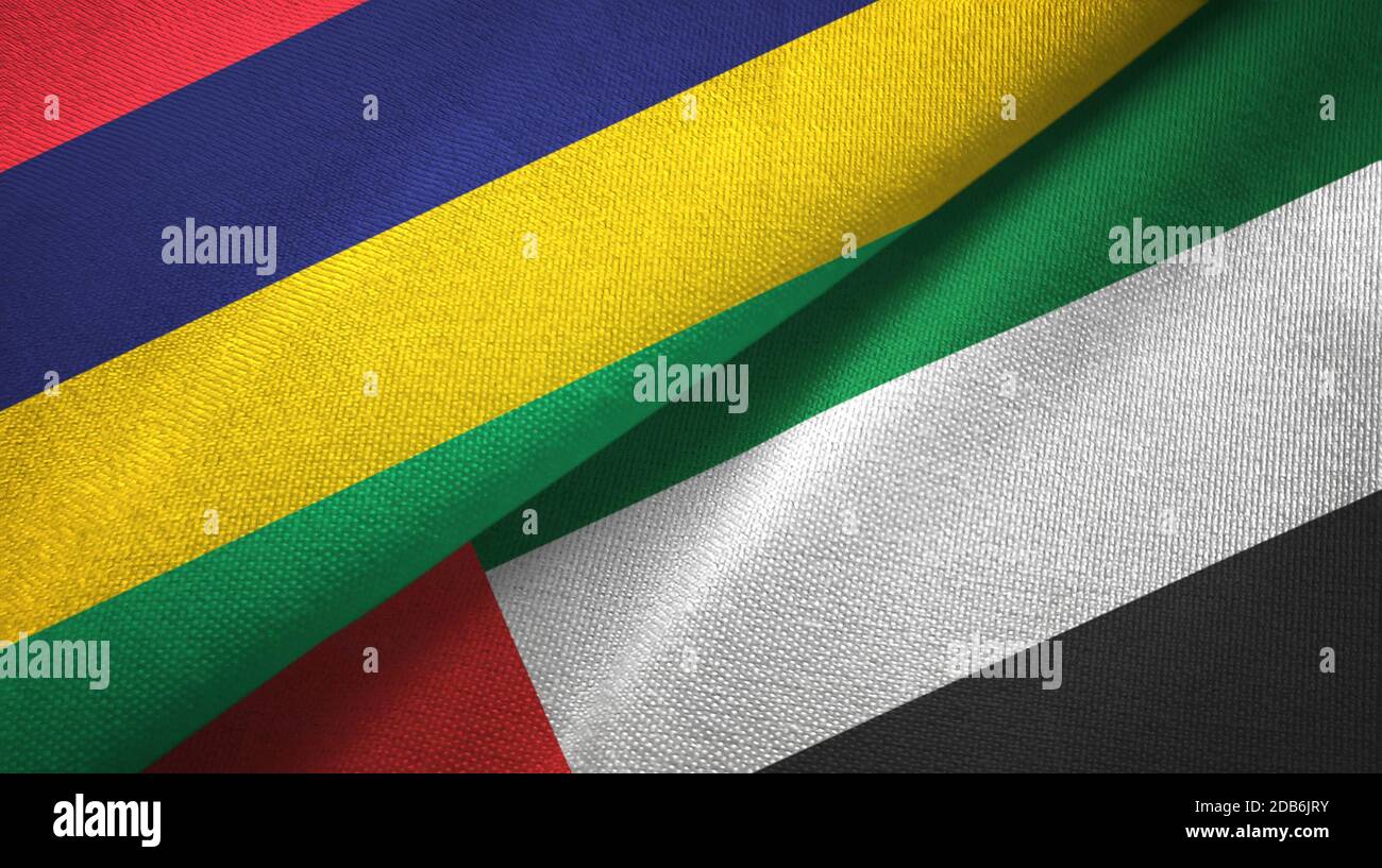 Mauritius and United Arab Emirates two flags textile cloth, fabric ...