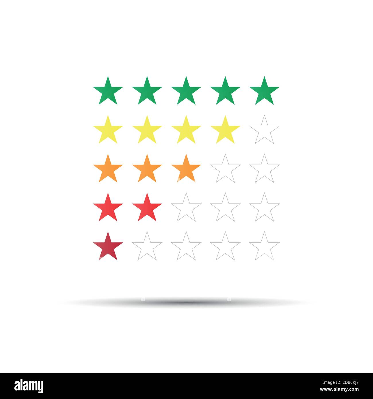 Set of red, orange, yellow and green rating stars isolated on white background, vector ...