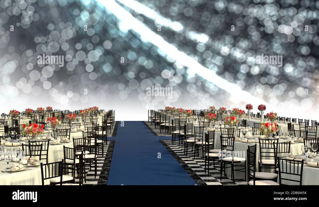 3D Illustration of a wedding reception venue decorated in white on a ...