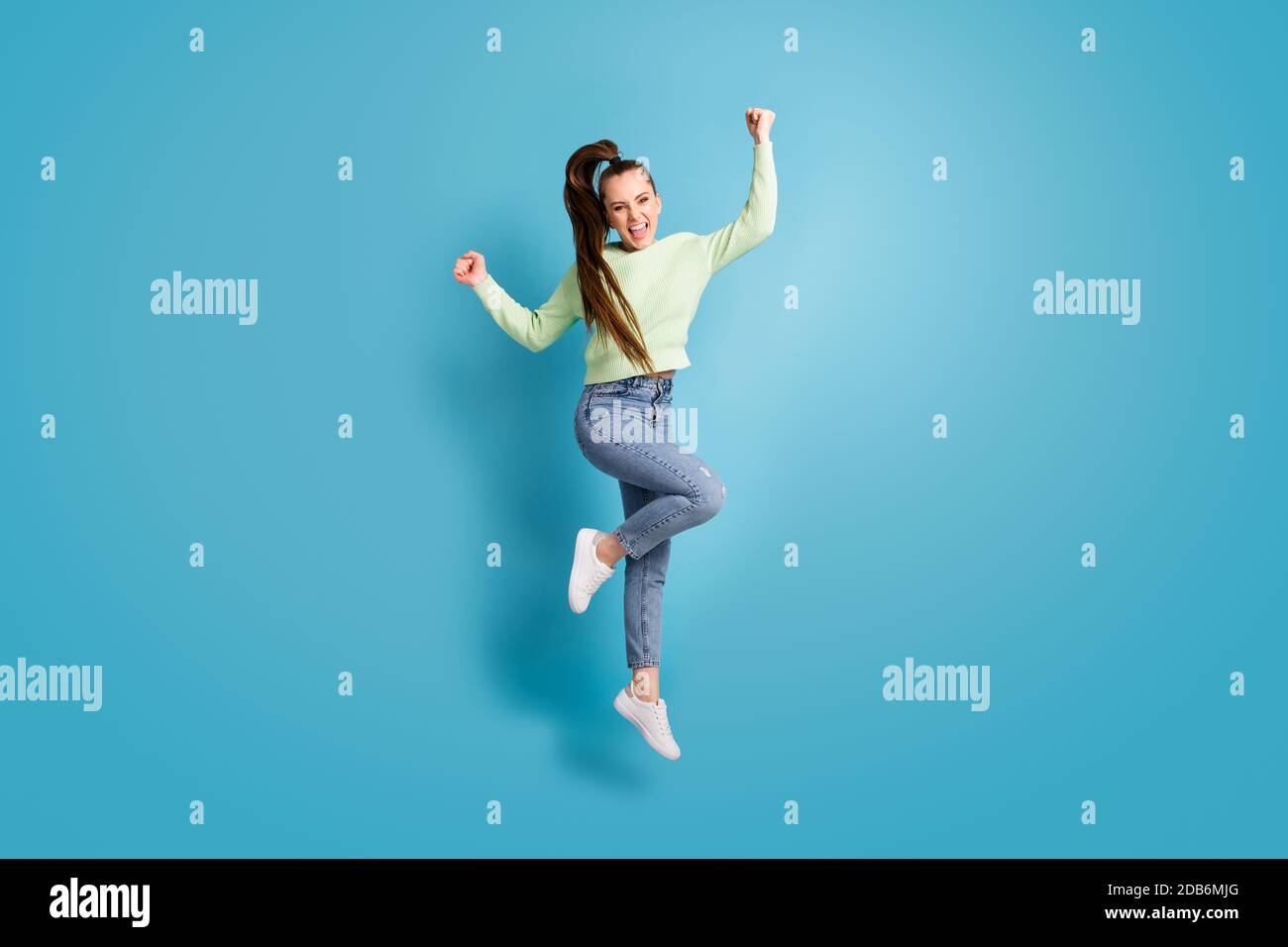 Full length body size photo of jumping girl ponytail gesturing like ...