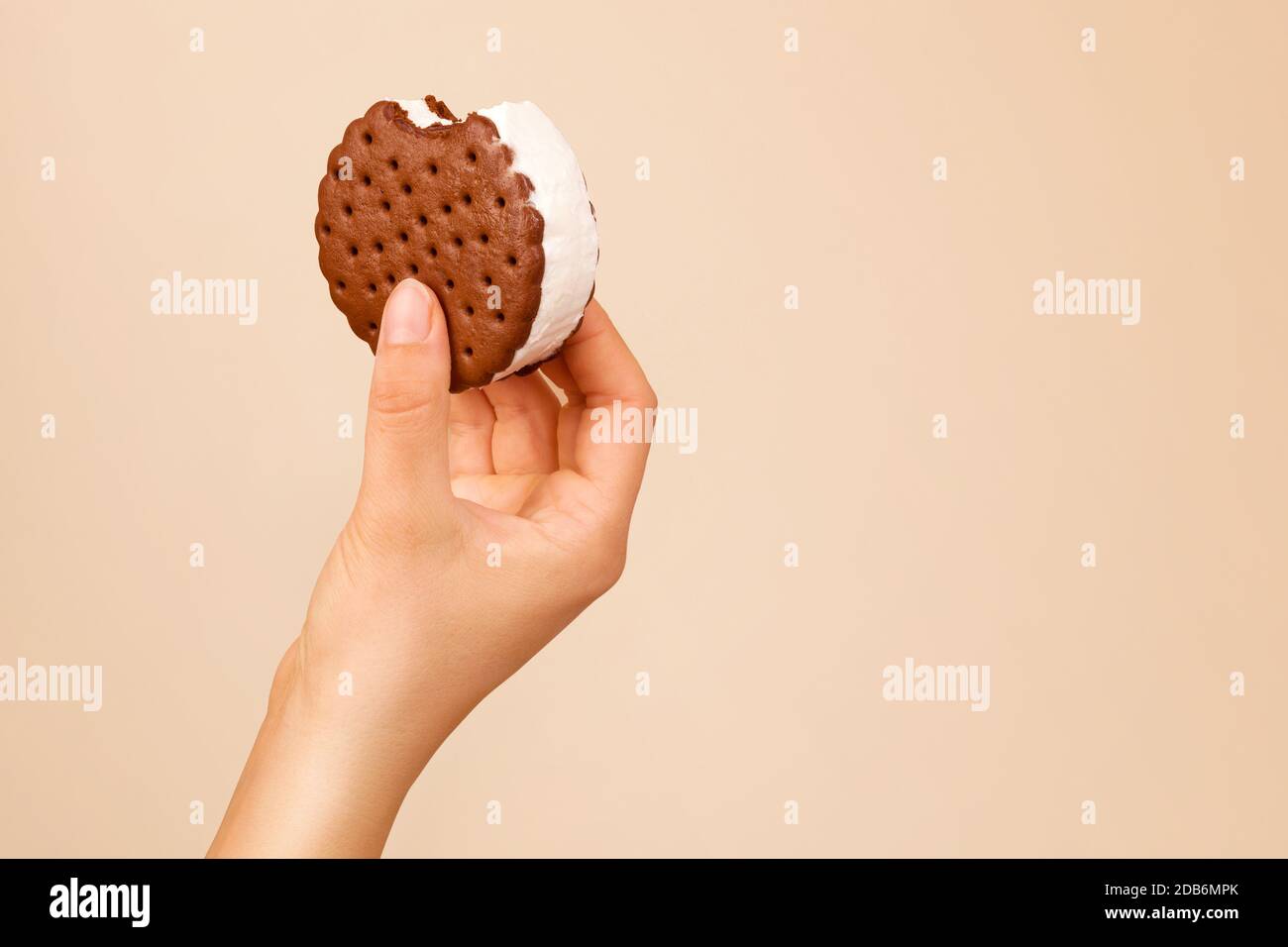 Eatging delicious ice cream sandwich. Traditional russian ice cream ...