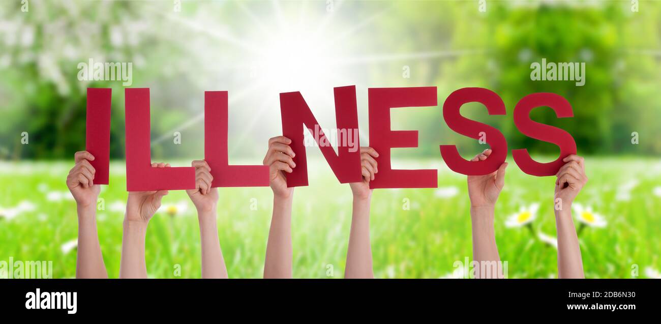 People Hands Holding Colorful English Word Illness. Sunny Green Grass ...
