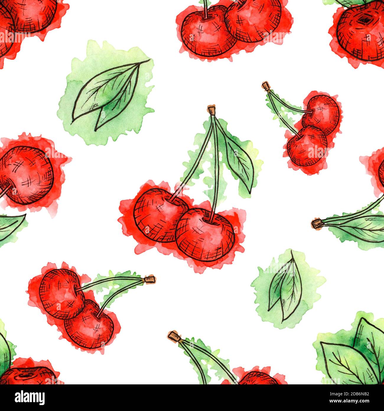 Seamless pattern of cherries painted in watercolor on white background ...