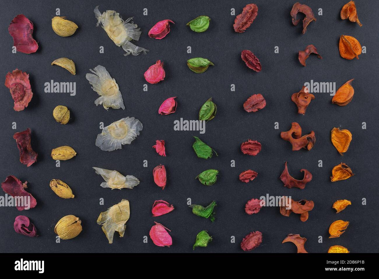 Dry aromatic potpourri leaves close-up. Background of colored aromatic ...