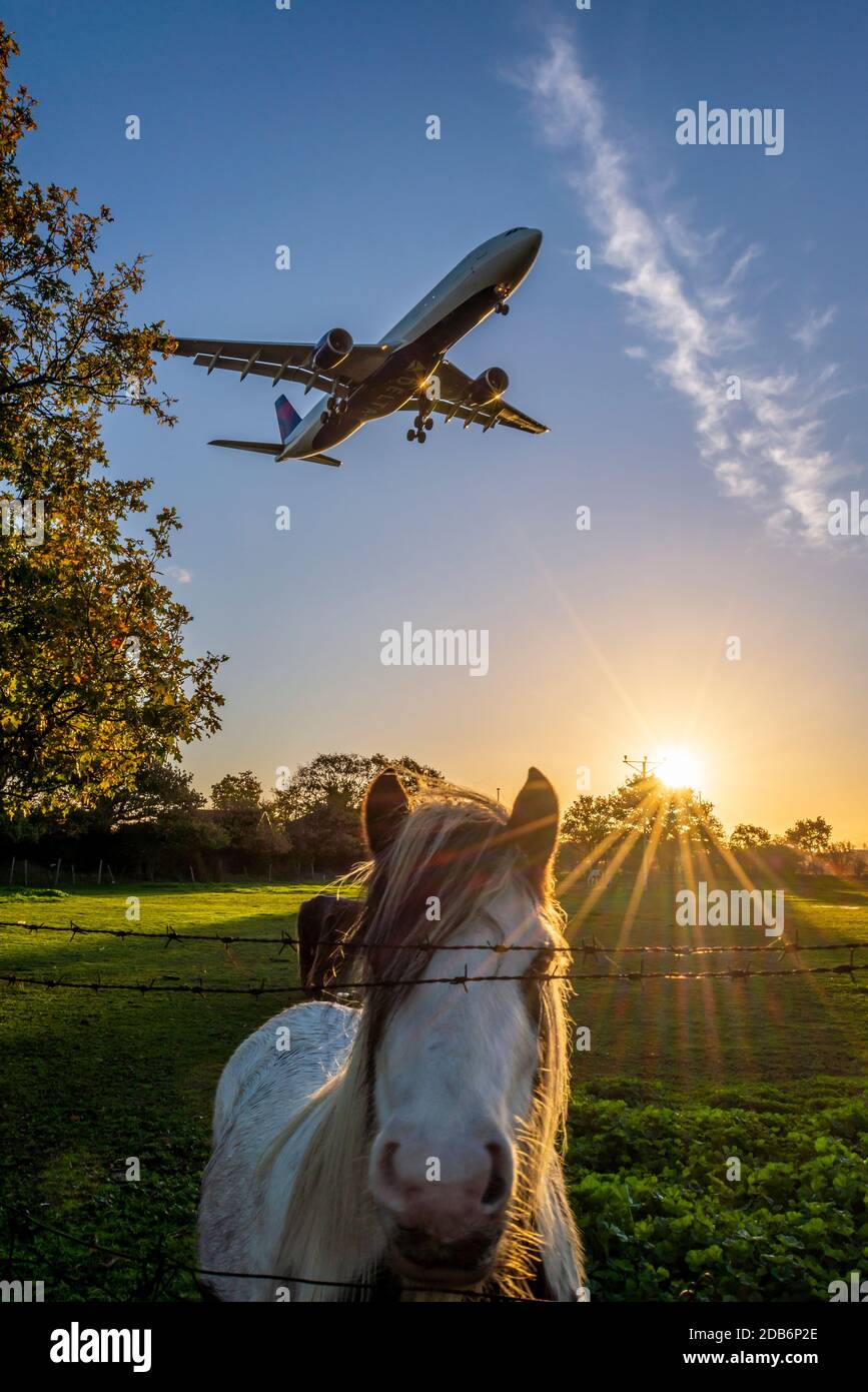 Jet airliner plane on approach to land at London Heathrow Airport UK ...