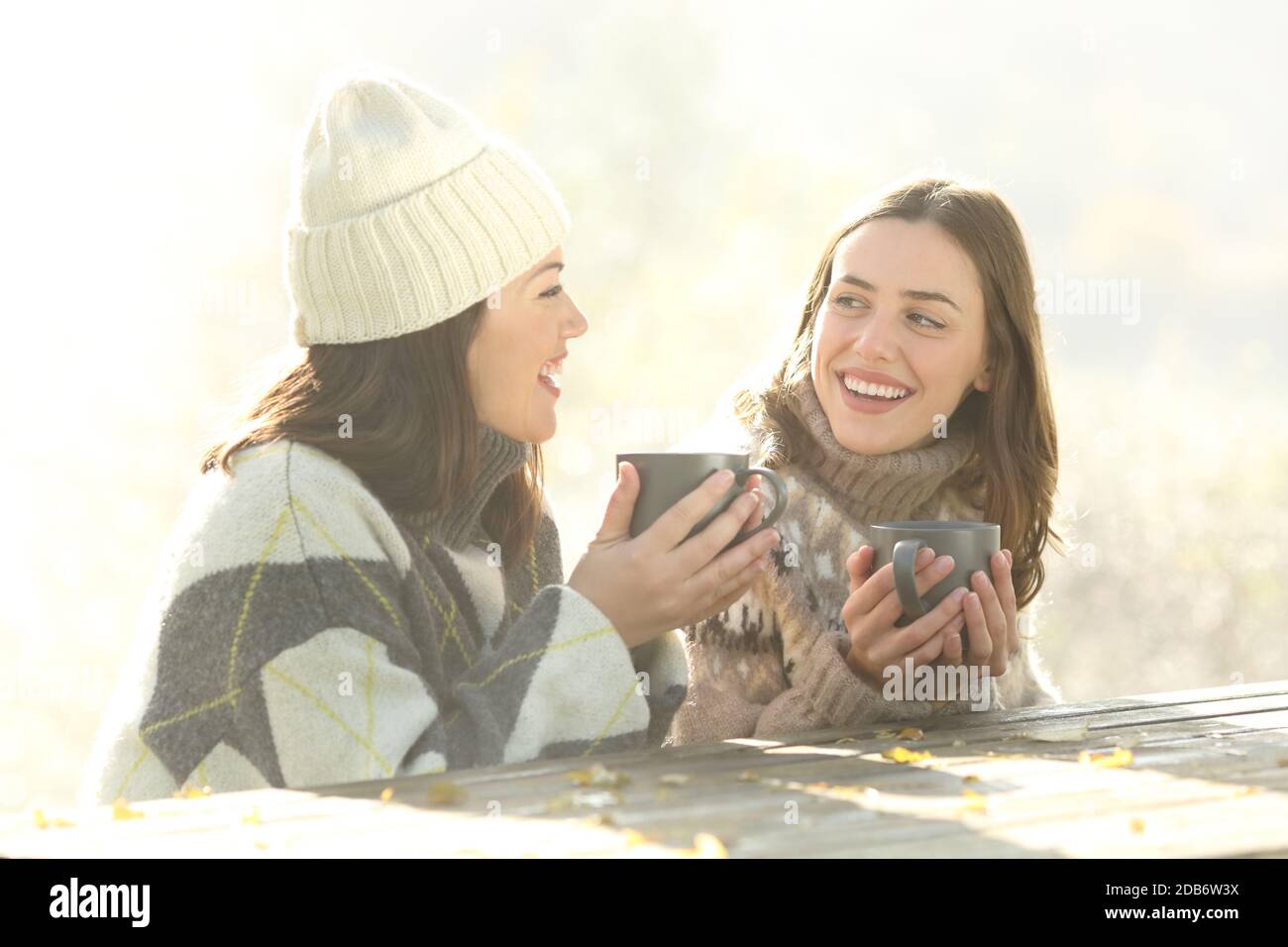 Two happy friends talking at breakfast sitting in winter foggy morning ...