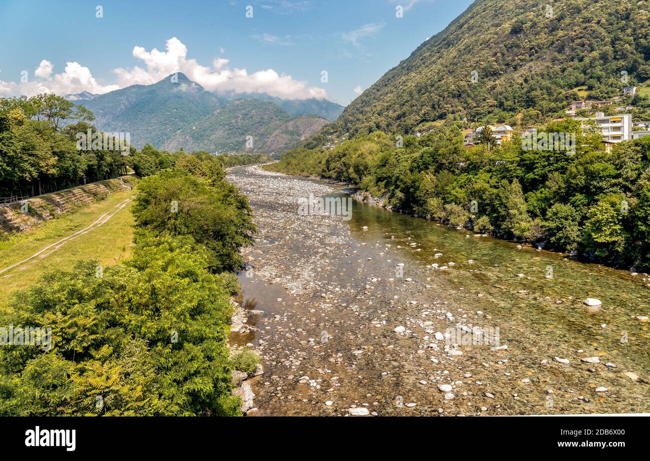 View of Maggia river, beginning of famous Vallemaggia in canton Ticino ...