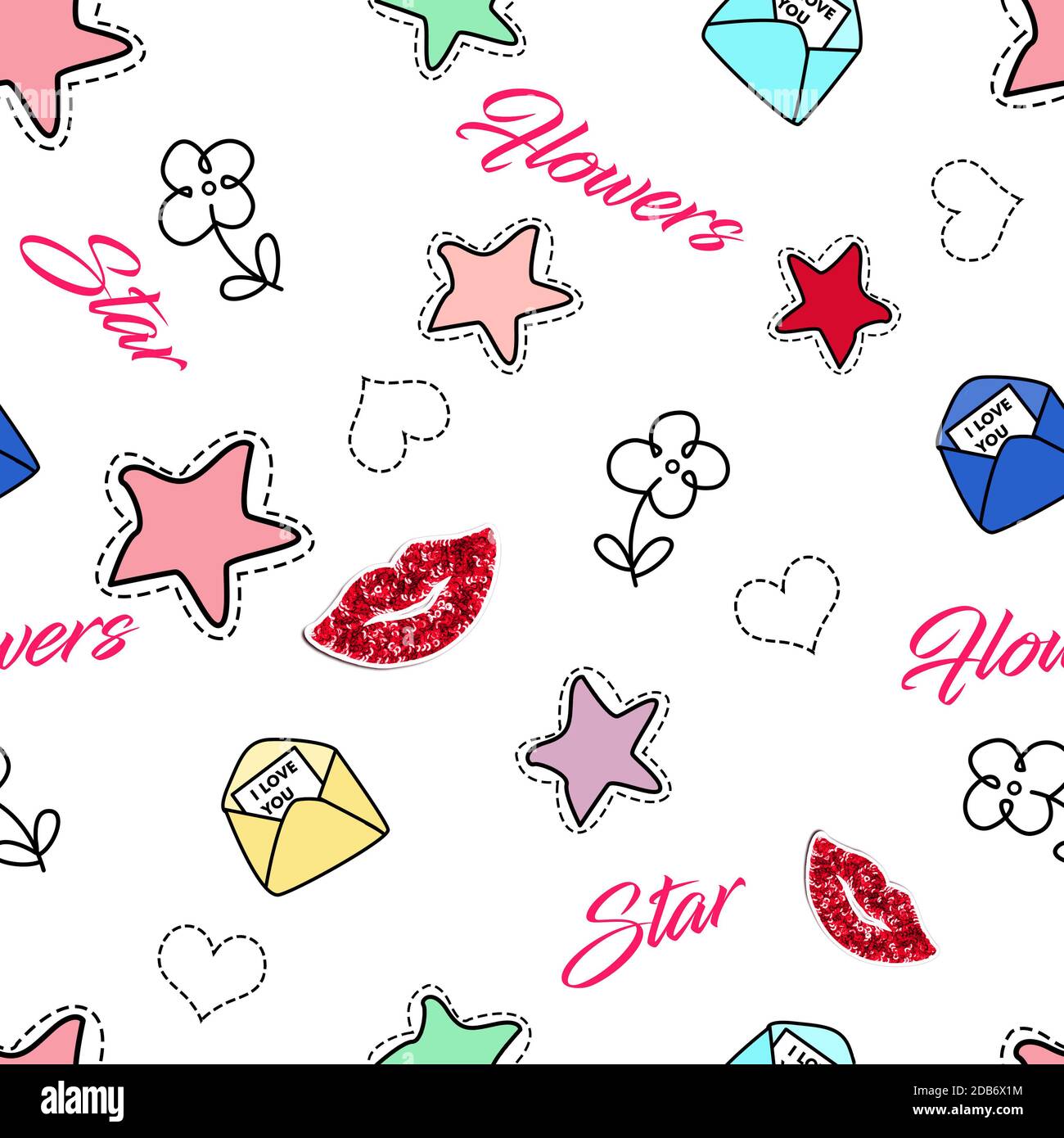 Star, lips, flower cute seamless pattern, girl's t-shirt print, posters ...