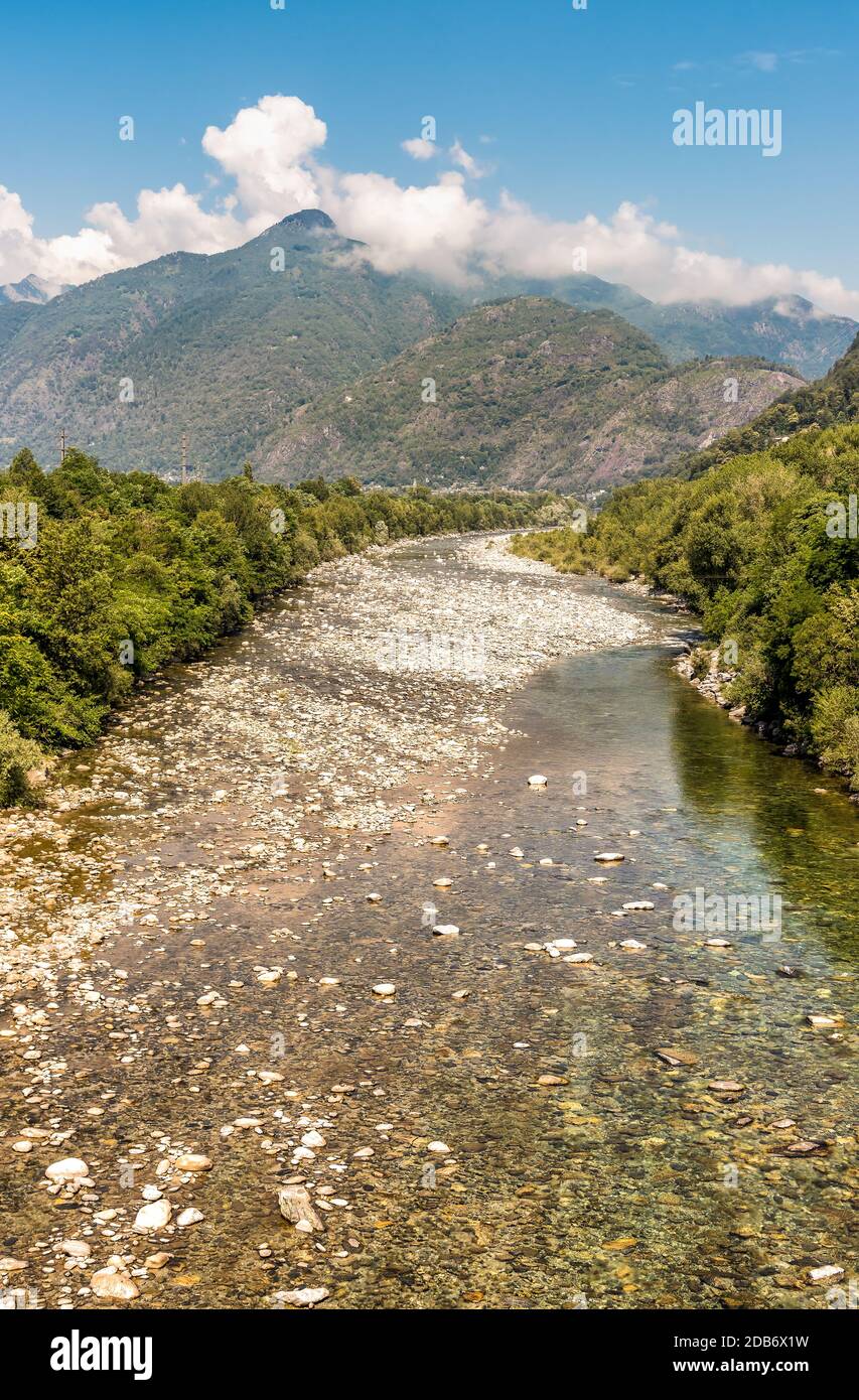 View of Maggia river, beginning of famous Vallemaggia in canton Ticino ...