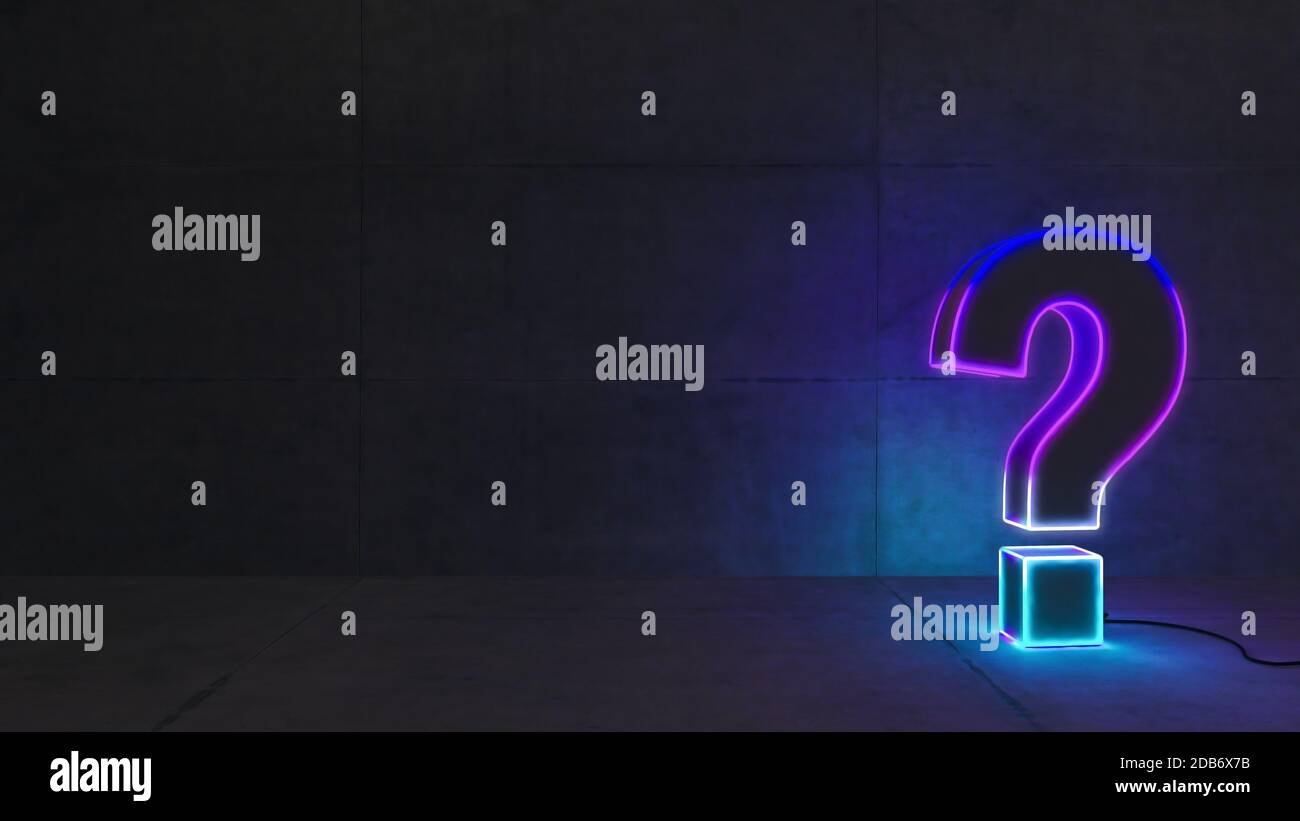 Blue and purple gradient neon light question mark with concrete wall 3D ...