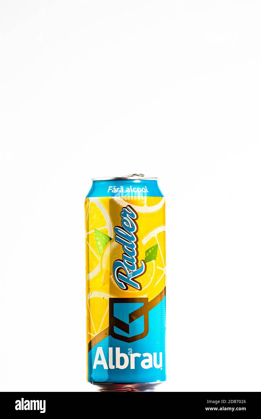 Albrau Radler Beer from Romanian local brewery isolated. Detail photo ...