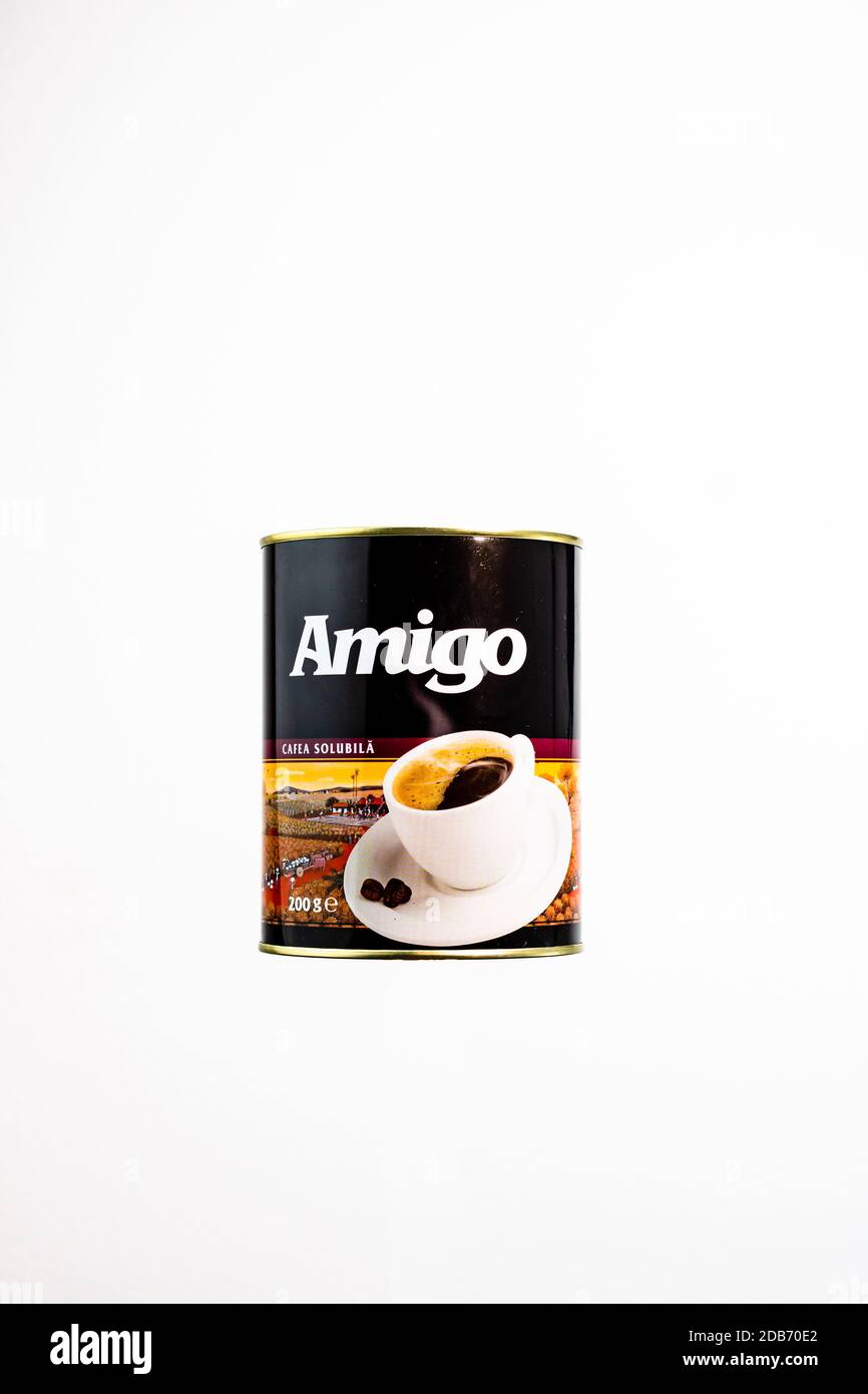 Famous Romanian instant coffee brand Amigo in a metal can. Coffee photo ...