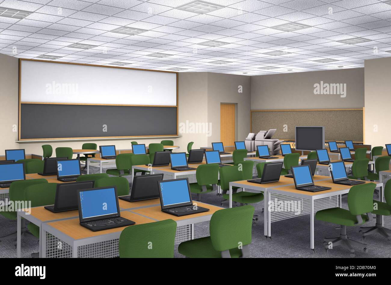 3D Illustration of an empty media classroom, for school and university ...