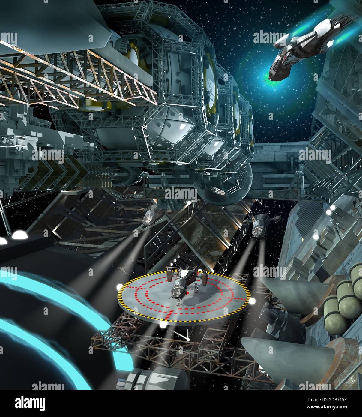 3D illustration of a space station powered by an exotic energy source ...