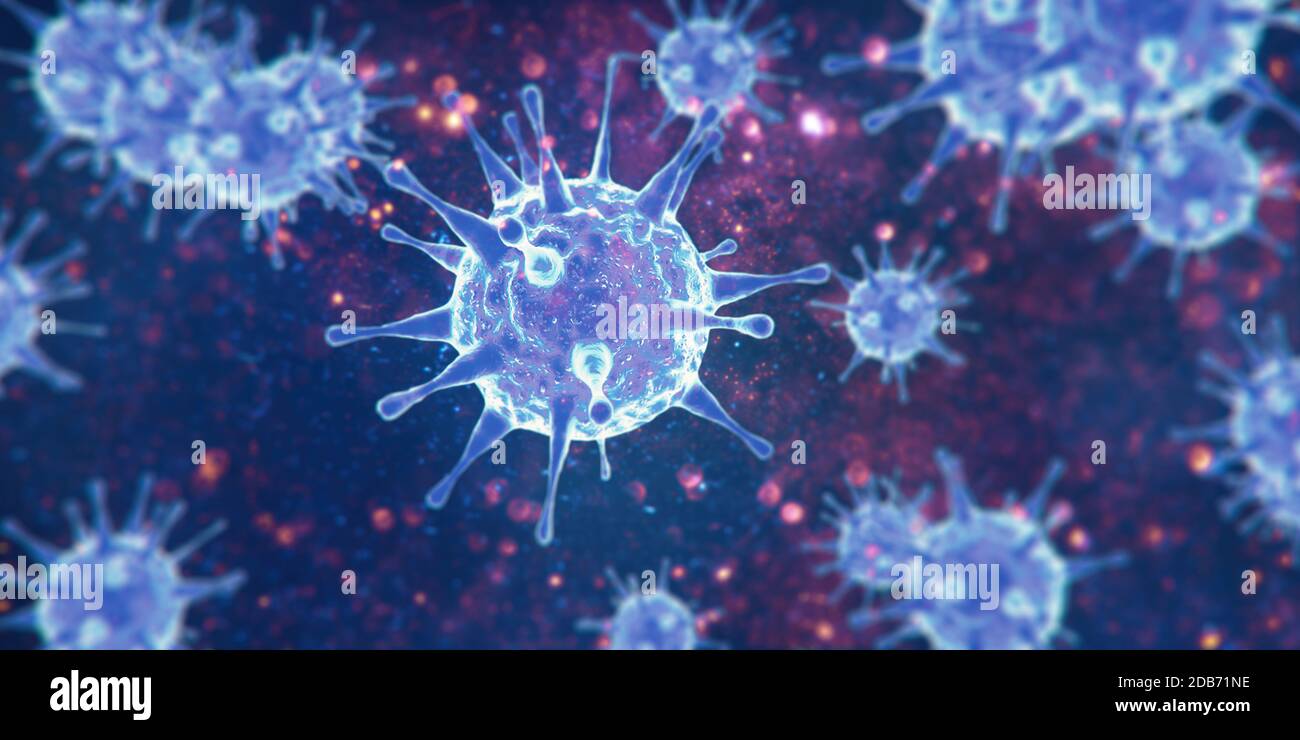 Microscopic view of influenza virus cells. 3D medical illustration ...