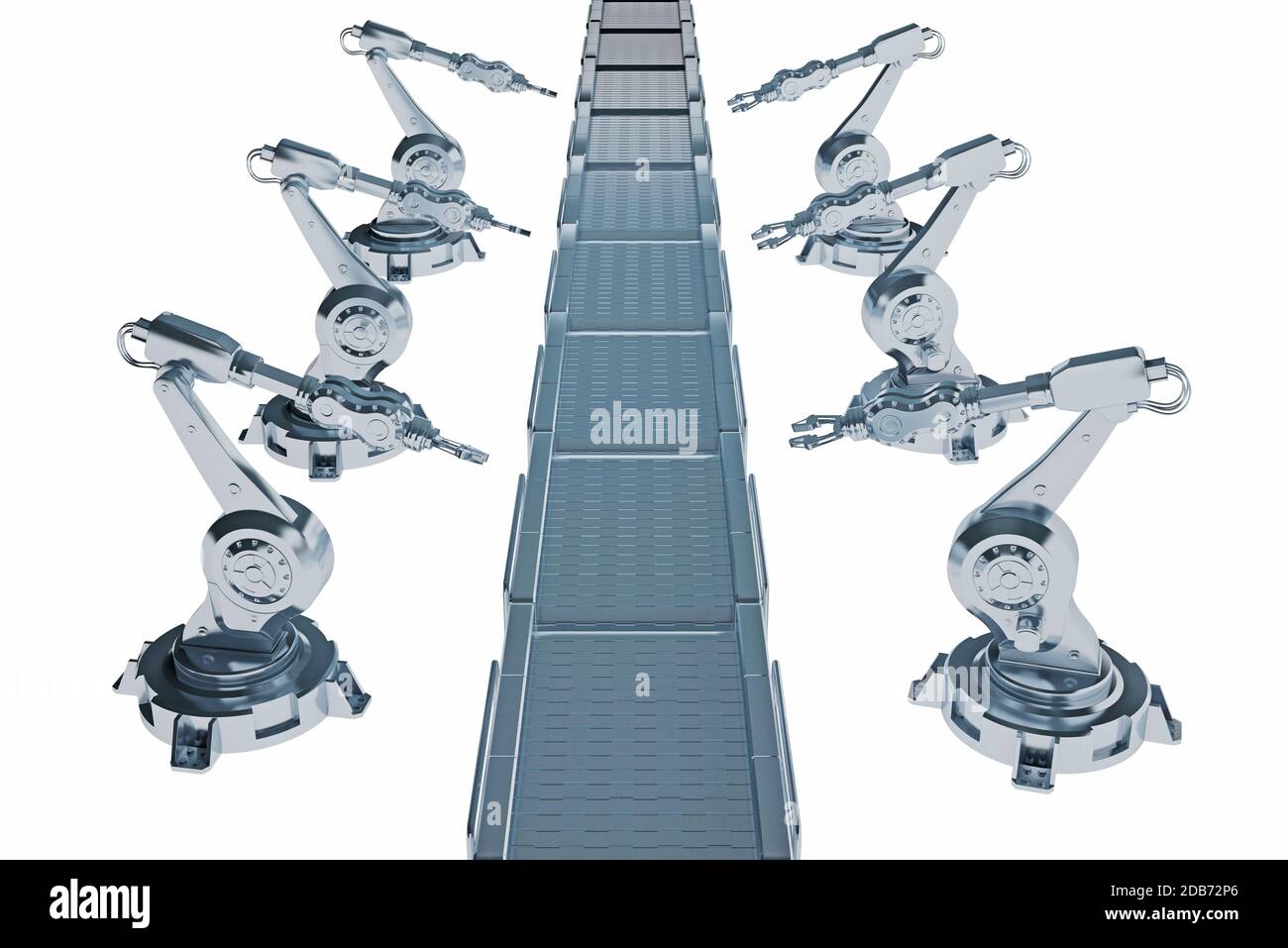 row of robotic arms with conveyor belt isolated on white. 3d rendering ...