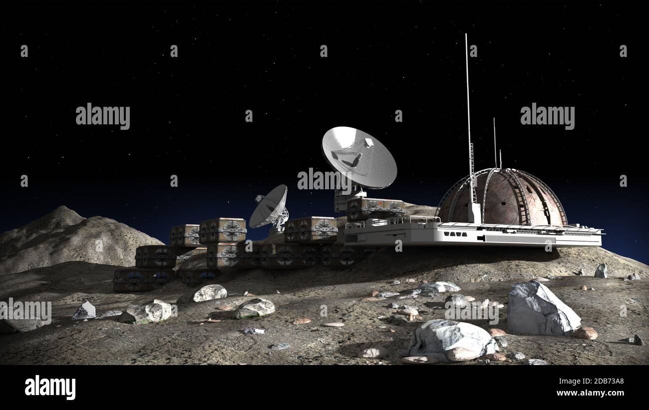 3D Illustration of a lunar base with a dome structure, research modules ...