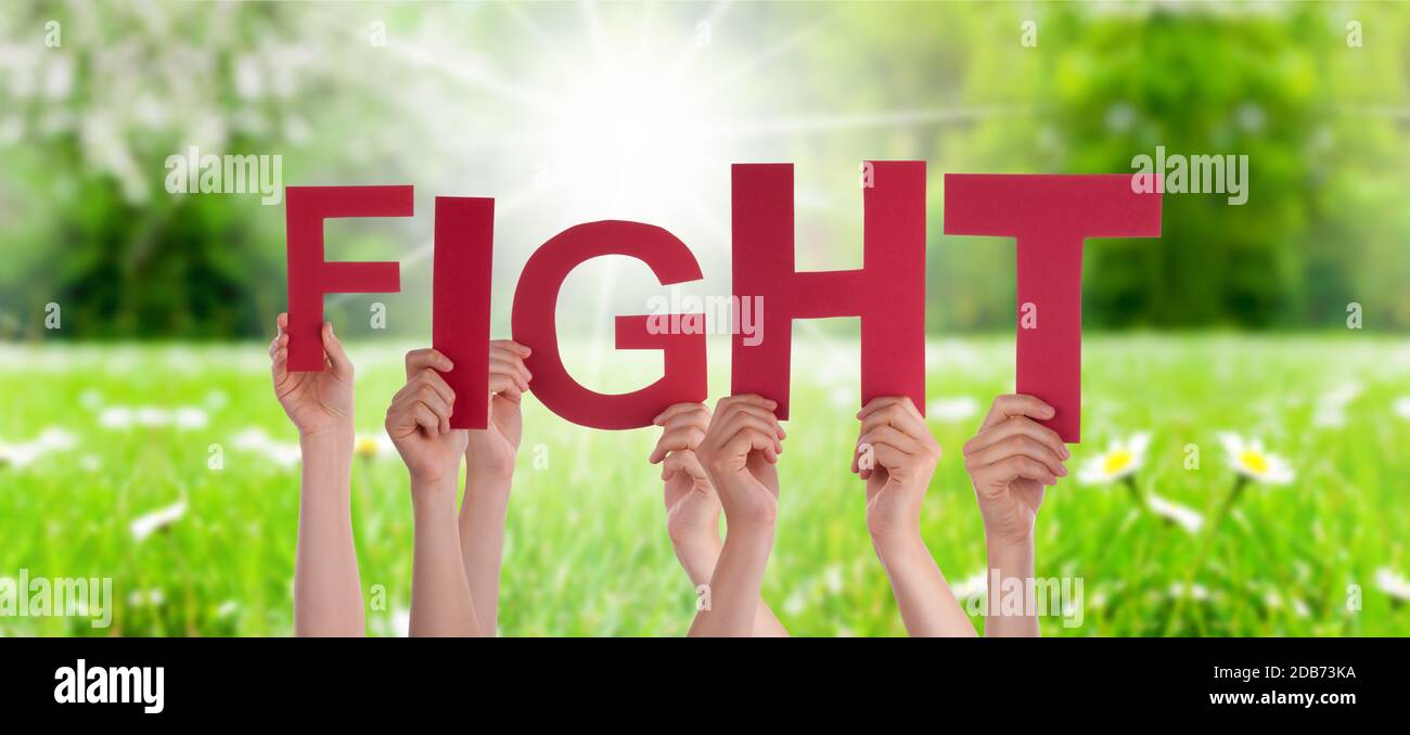 People Hands Holding Colorful English Word Fight. Sunny Green Grass ...