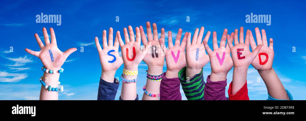 Children Hands Building Colorful English Word I Survived. Blue Sky As ...