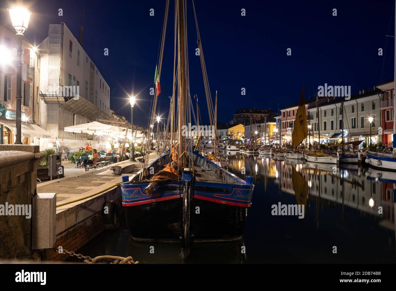 Cesenatico, Emilia Romagna, Italy - Sept 9 2019: Night view of the port ...