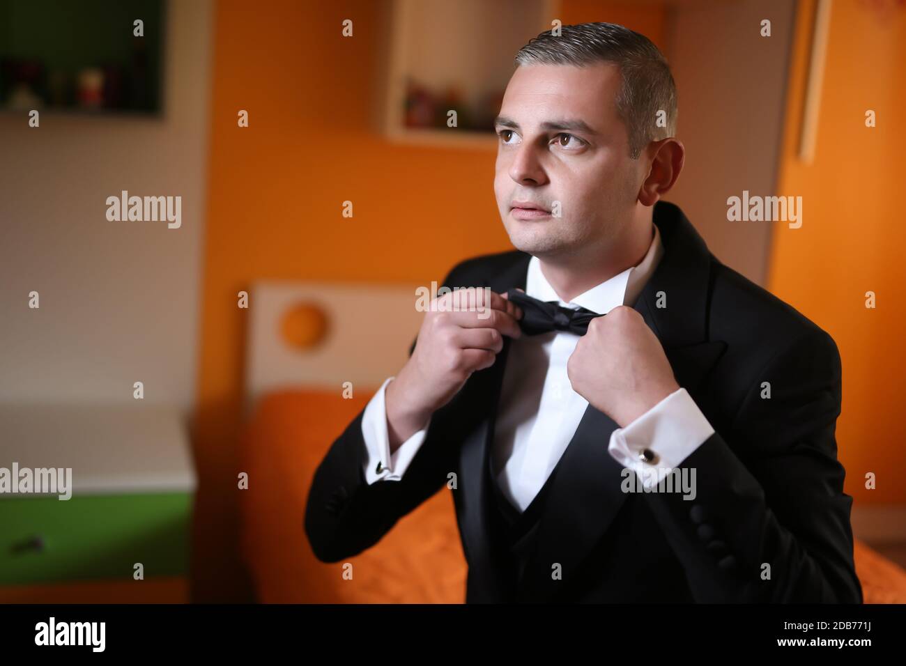 Close up of a man in a white shirt, black suit and a bow tie. Man's ...