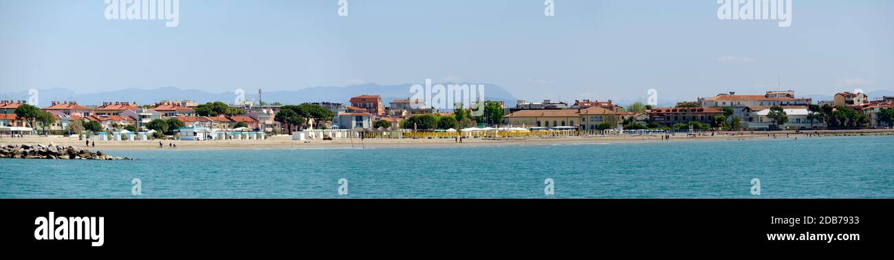 panoramic view across the beach "Blue coast" of Grado from the Adriatic ...