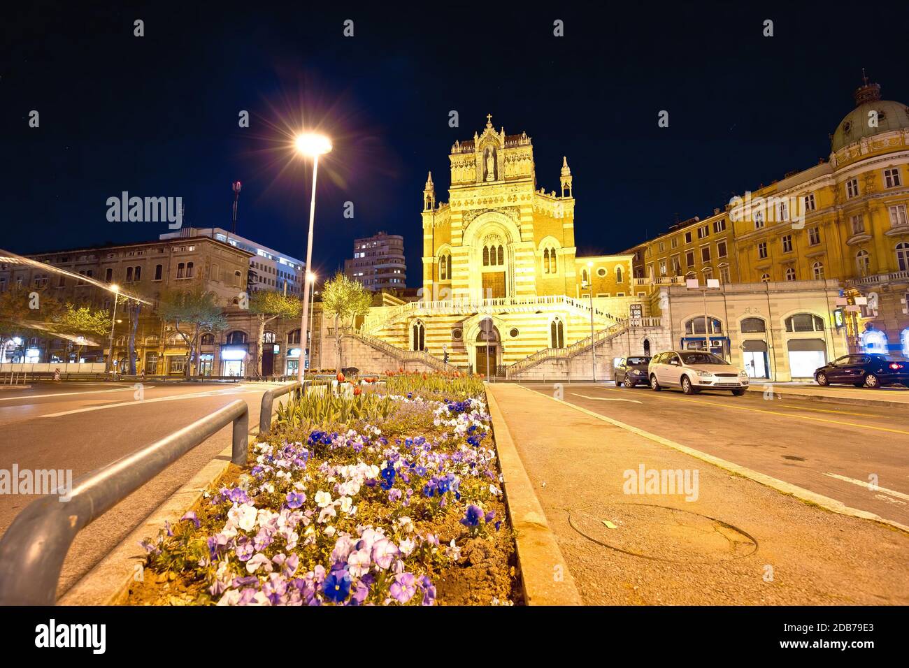Rijeka church and square evening street view, Kvarner bay, Croatia ...