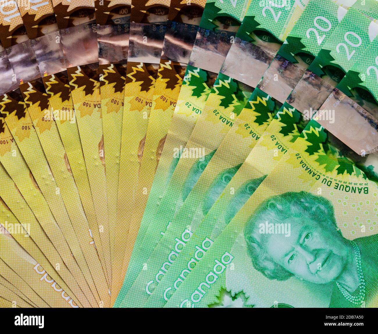 Canadian banknotes background of twenty and hundred dollar bills for ...