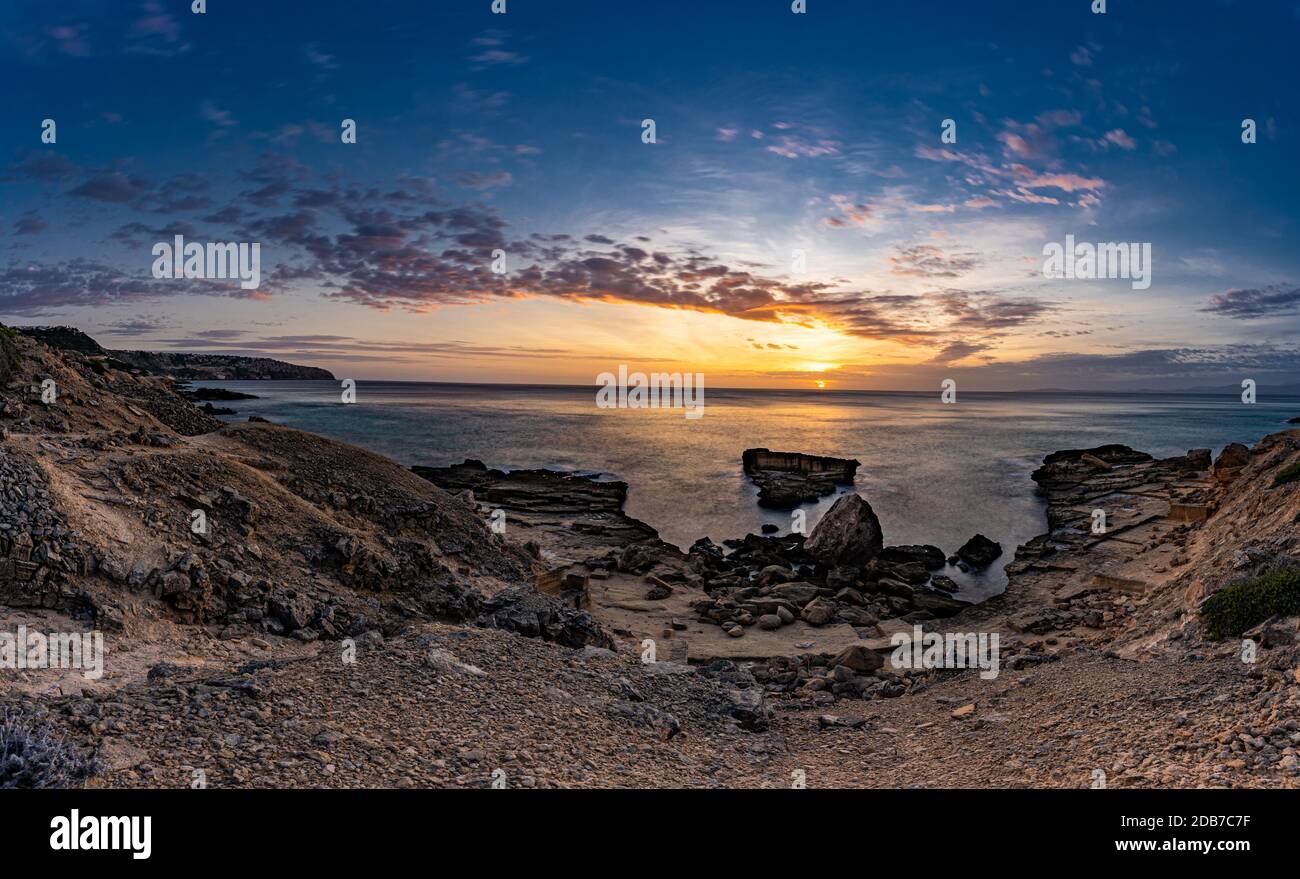 sunset on the beach of Maioris over the sea, in the south of Mallorca ...