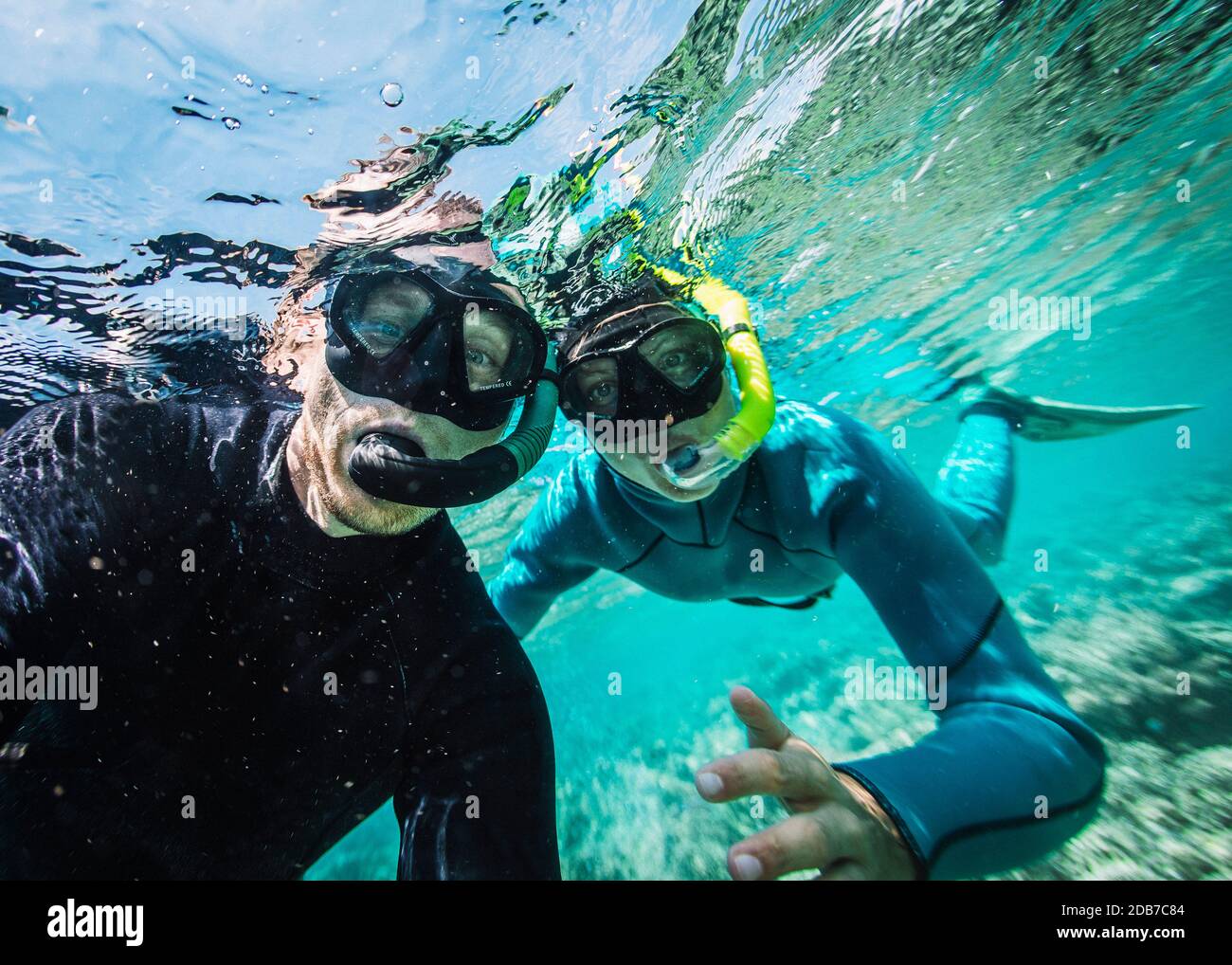 Two people snorkeling underwater Stock Photo - Alamy