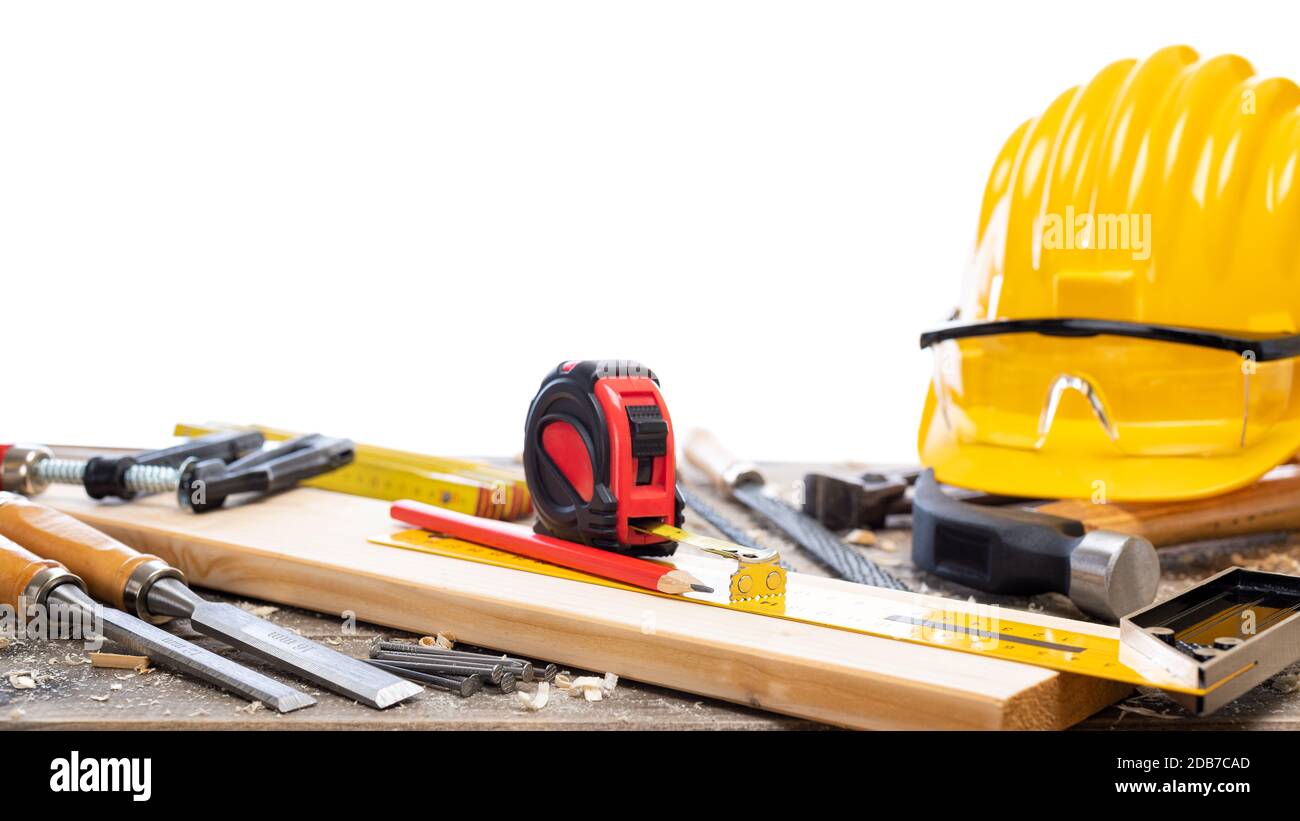 Close-up. Carpenter's workbench with tools for woodworking ...