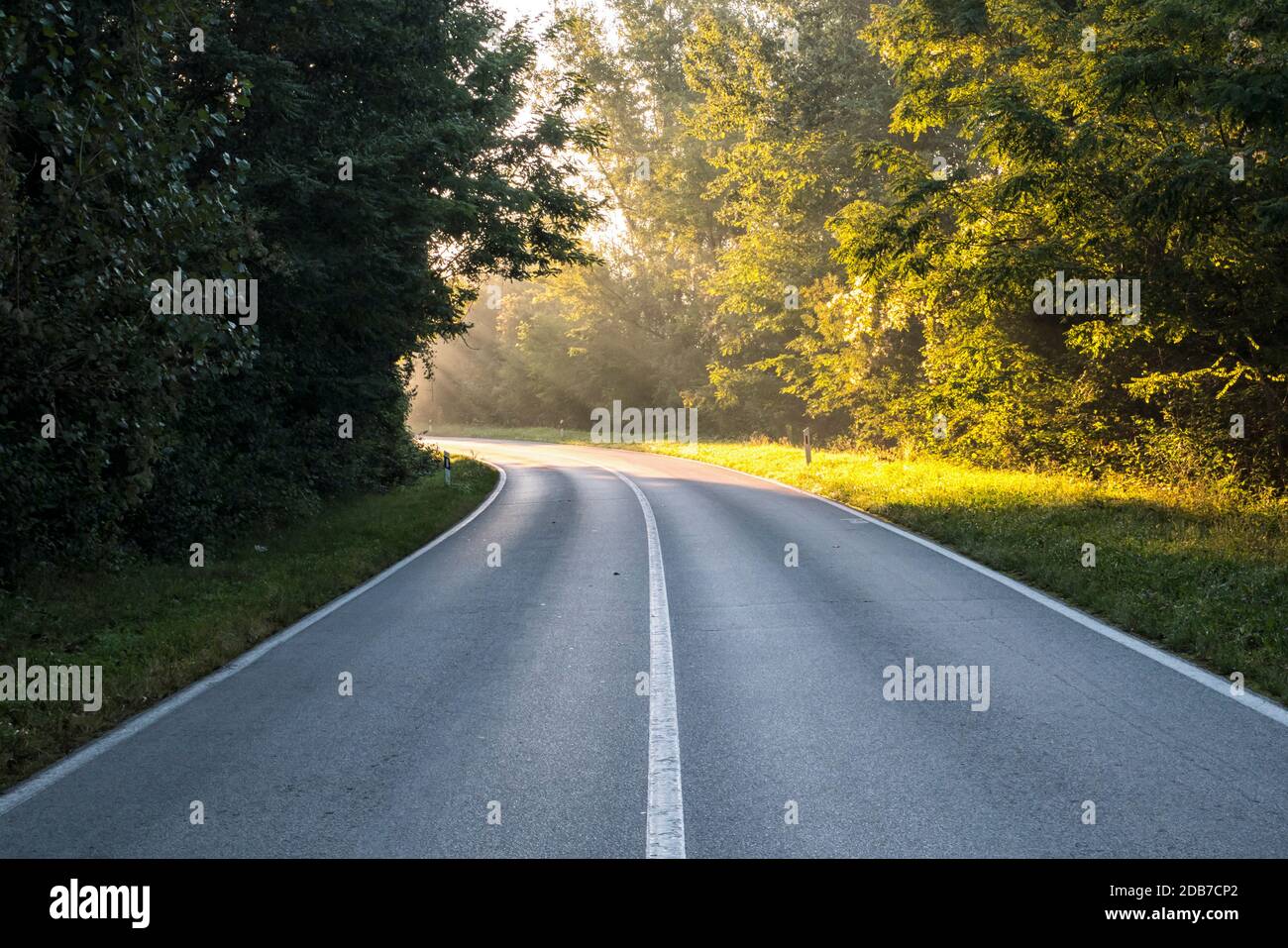The road, which at the bend is illuminated by sunlight. It represented ...