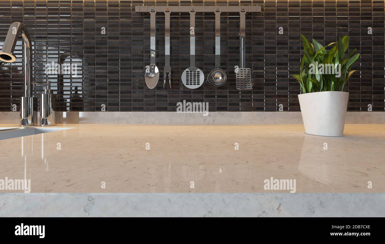 black ceramic modern kitchen design background with kitchen marble desk ...