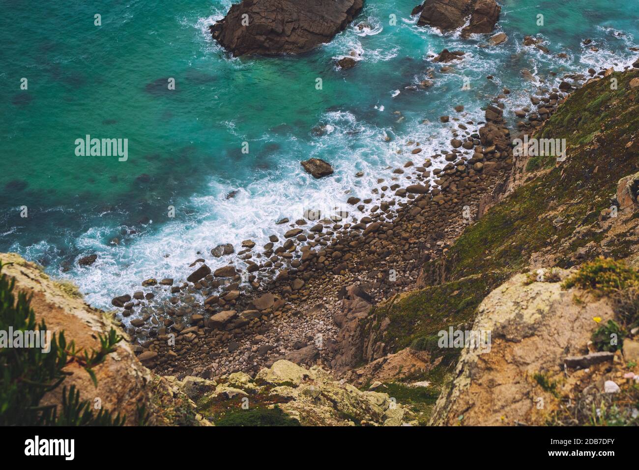 Wonderful view of Atlantic ocean waves crashing Cabo da Roca cliffs ...