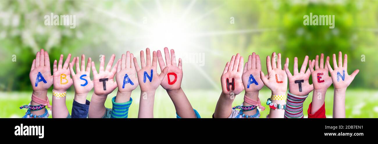 Children Hands Building Colorful German Word Abstand Halten Means Keep ...