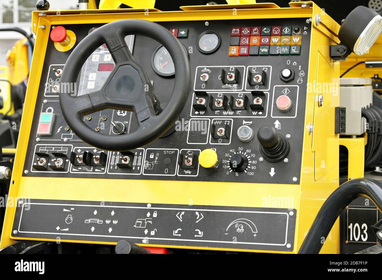 Heavy construction industry cockpit with wheel and buttons Stock Photo ...