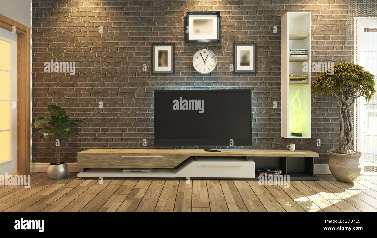 3D rendering tv room, salon or living room with brick wall plant and tv ...