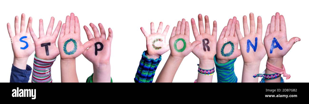 Children Hands Building Colorful English Word Stop Corona. White ...