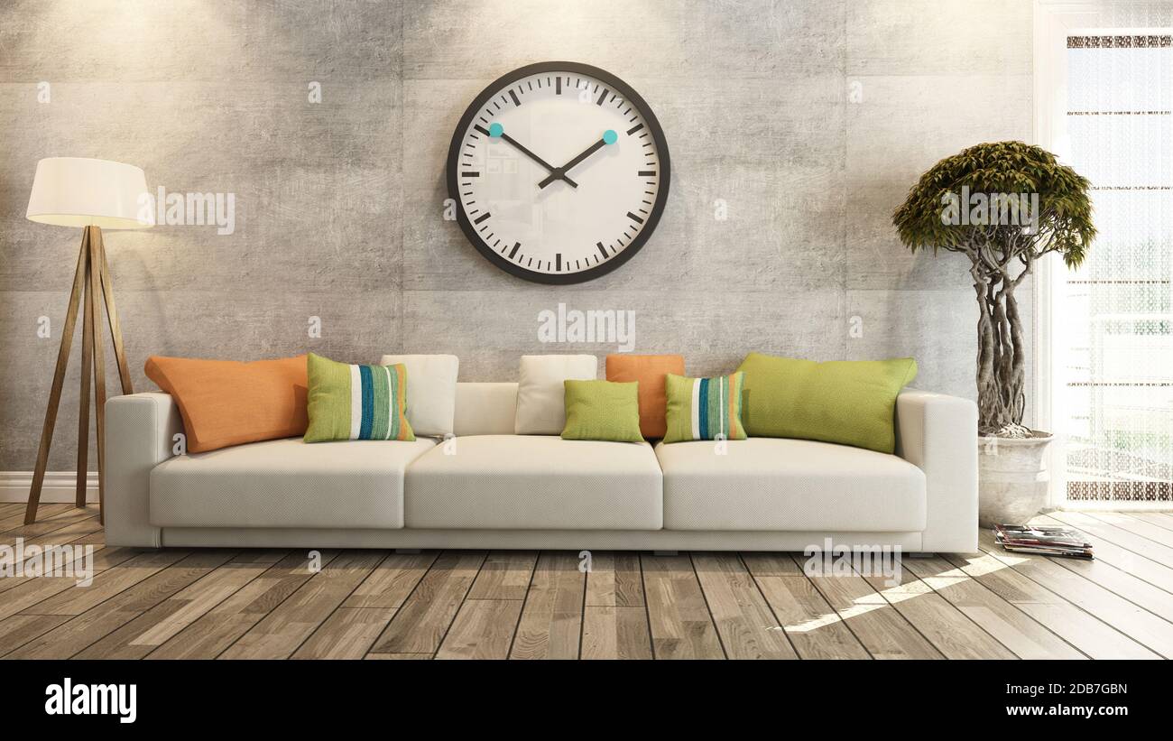 living room or saloon interior design with big wall watch 3d rendering ...