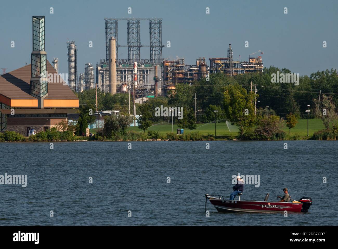 BP Whiting Refinery in Whiting, Indiana with fisherman boating in ...