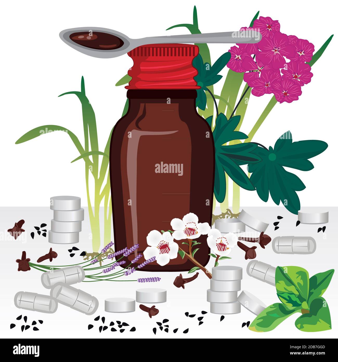 Bottle of homeopathic remedy syrup and medical herbs. Medicine pills ...