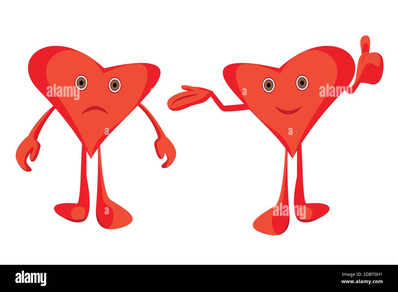 Tired exhausted unhappy heart and happy wellbeing heart recreation ...