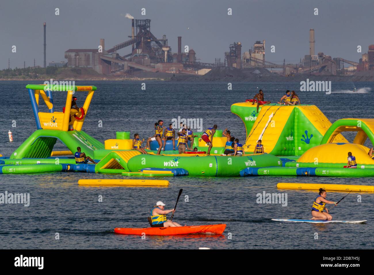 Bathers in Lake Michigan at beach in Whiting, Indiana with ...